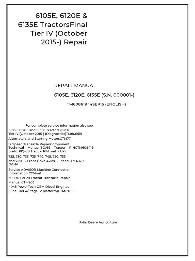 John Deere 6105E, 6120E, 6135E Final Tier IV Tractor Repair Manual ...