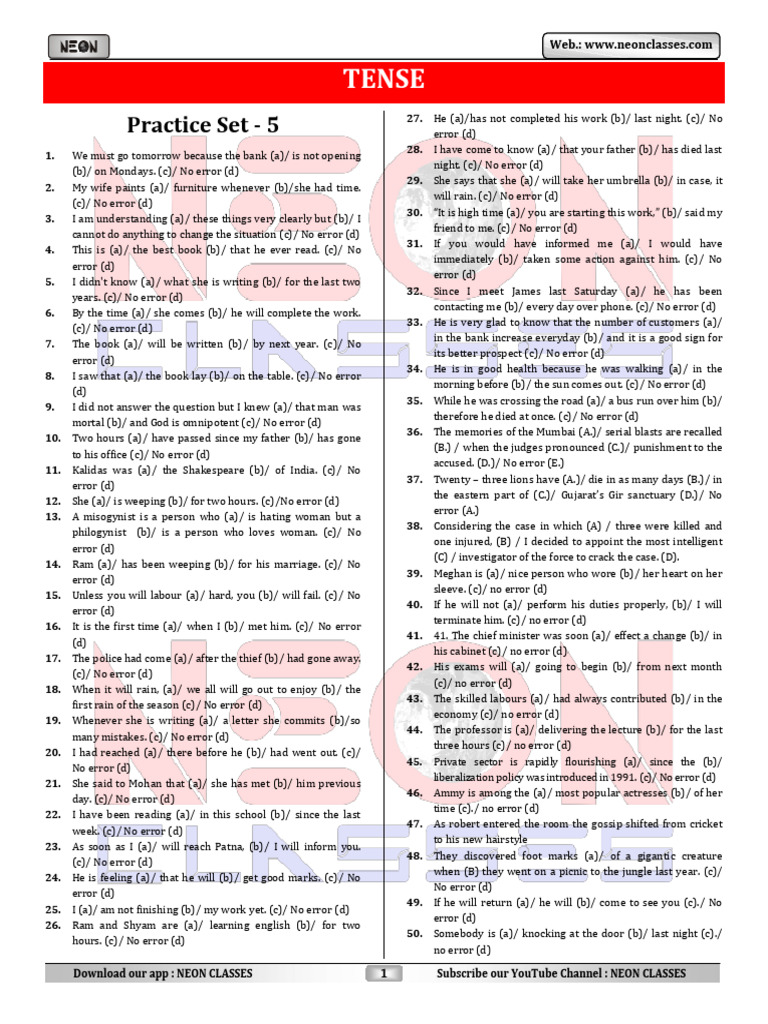 TensePracticeset 5 (Withsolutions) | PDF