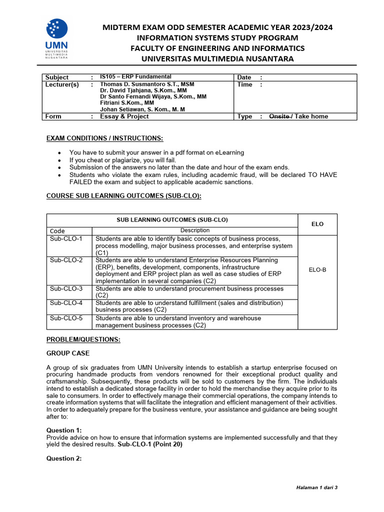 Takehome MidTerm IS105 ERP Fundamental ODD2023 2024 | PDF