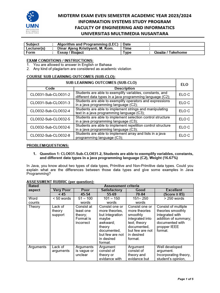 takehome-MidTerm-IS230-Algorithm and Programming (LEC) - ODD2023-2024 | PDF