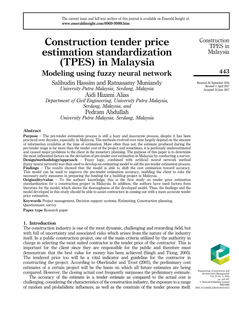 Construction Tender Price Estimation Standardization (TPES) in Malaysia ...