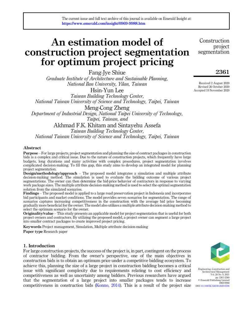An Estimation Model of Construction Project Segmentation For Optimum Project Pricing | PDF
