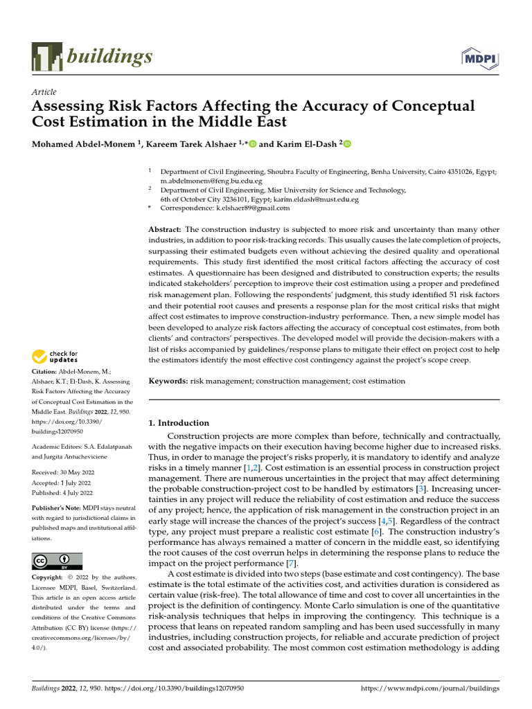Assessing Risk Factors Affecting The Accuracy of Conceptual Cost Estimation in The Middle East ...