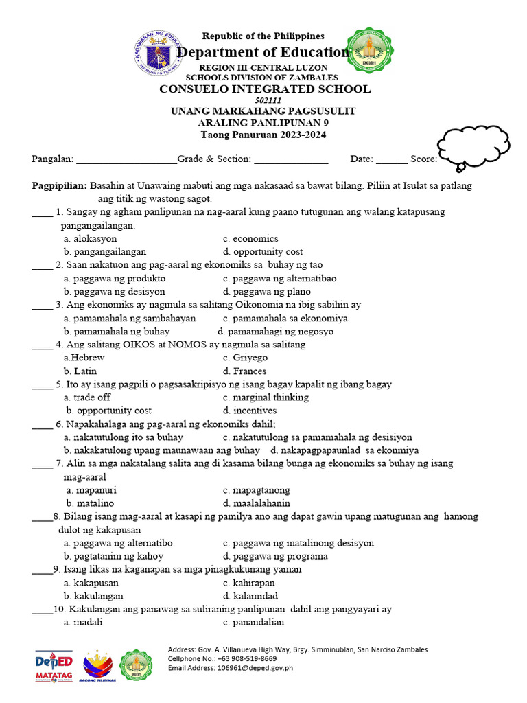 Ap 9 Unang Markahang Pagsusulit | PDF