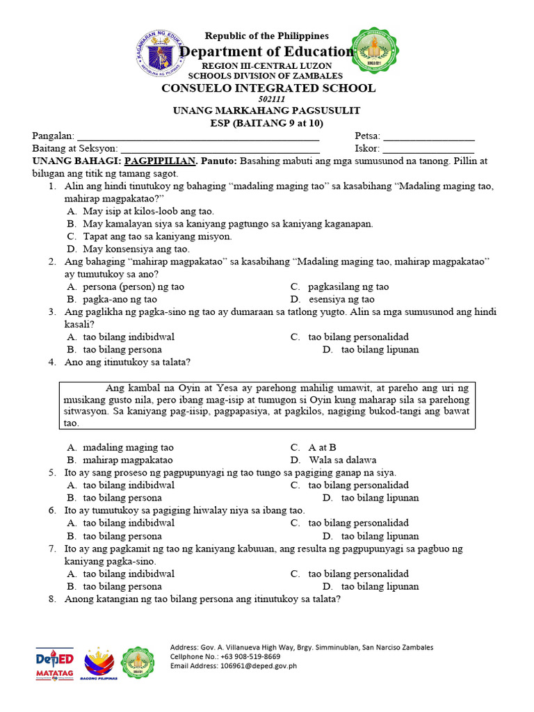 Unang Markahang Pagsusulit Esp 9&10 | PDF