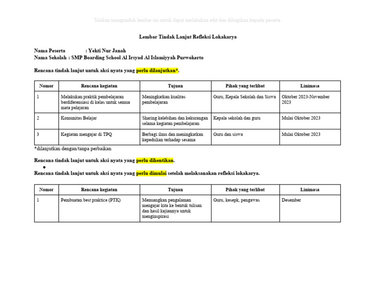 Yekti Nur Janah - Lembar Tindak Lanjut Refleksi Lokakarya | PDF