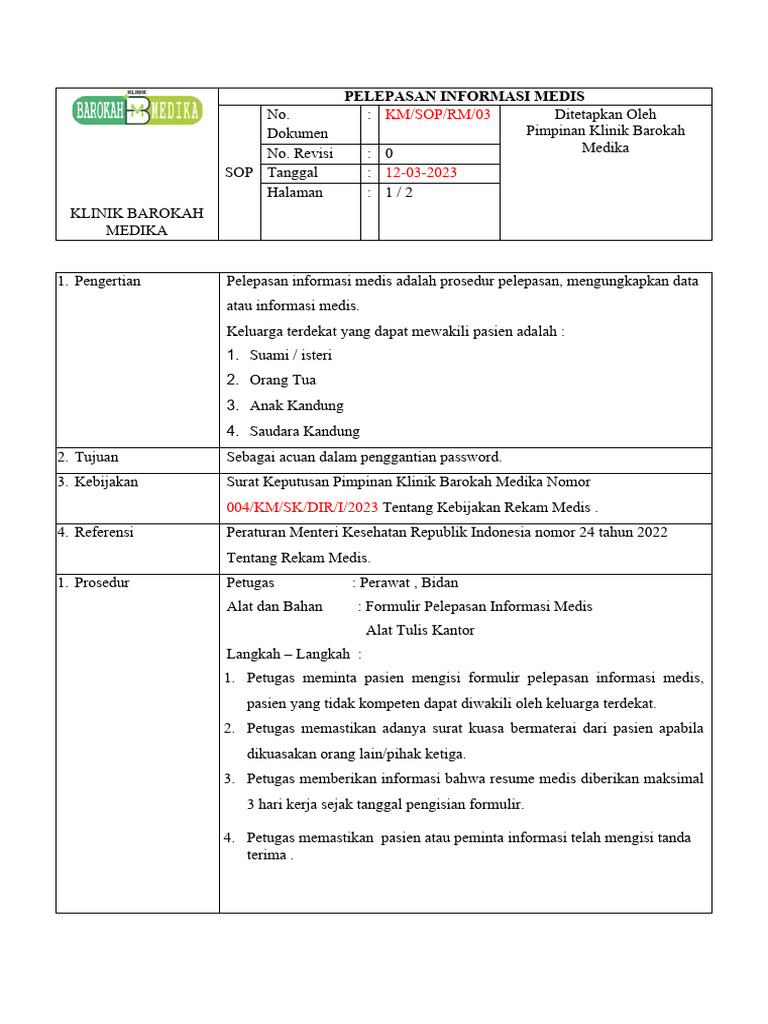 Sop Pelepasan Informasi Medis | PDF