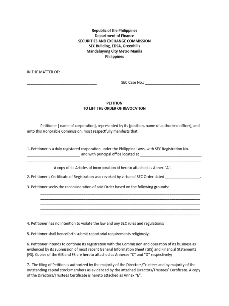 Petition to Lift SEC Revocation Order | PDF