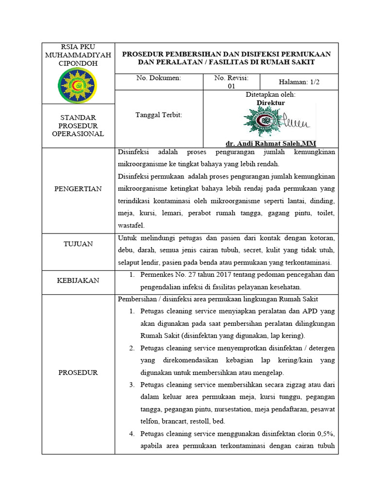 5.a SPO Prosedur Pembersihan Dan Disinfeksi Permukaan Dan Lingkungan Sesuai Standar PPI | PDF