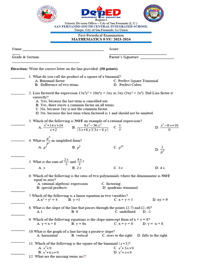 First Periodical Exam Math 8 | PDF