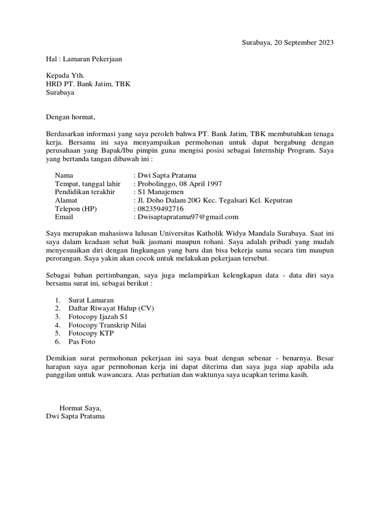 Lamaran Internship di Bank Jatim | PDF