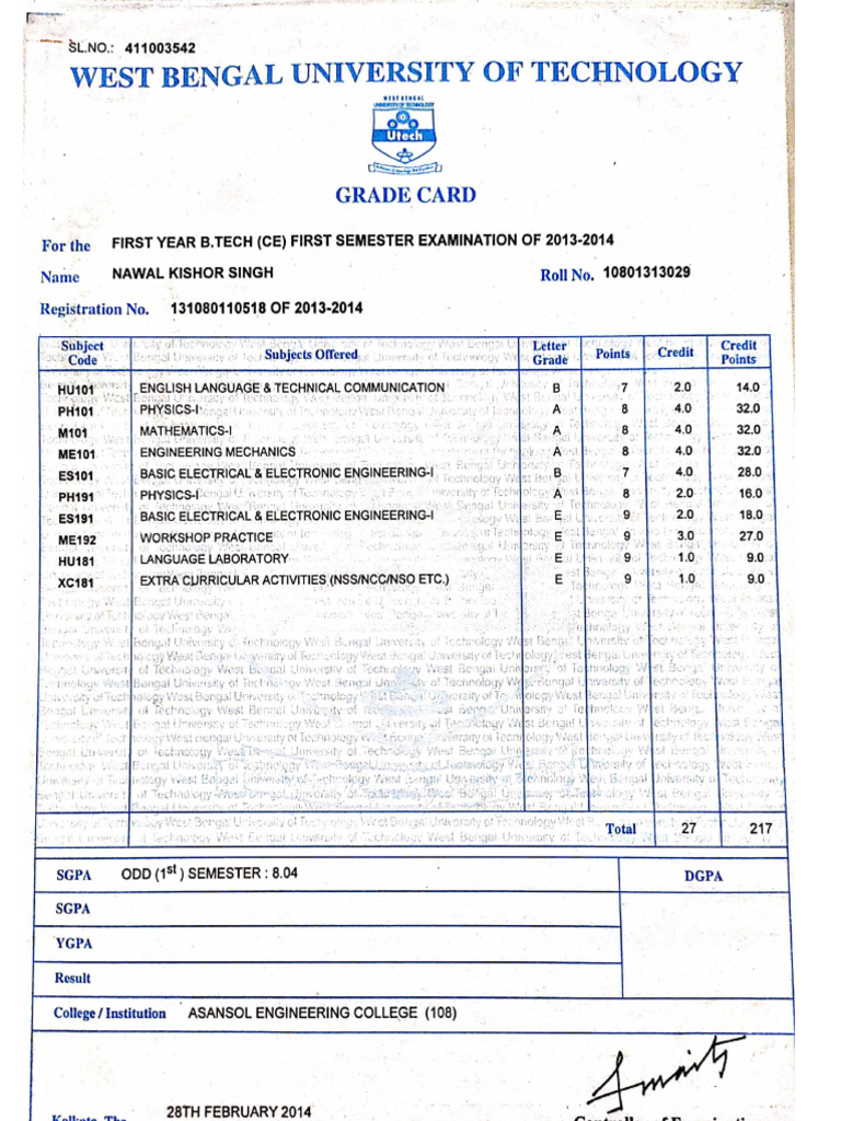 B-Tech Transcript | PDF