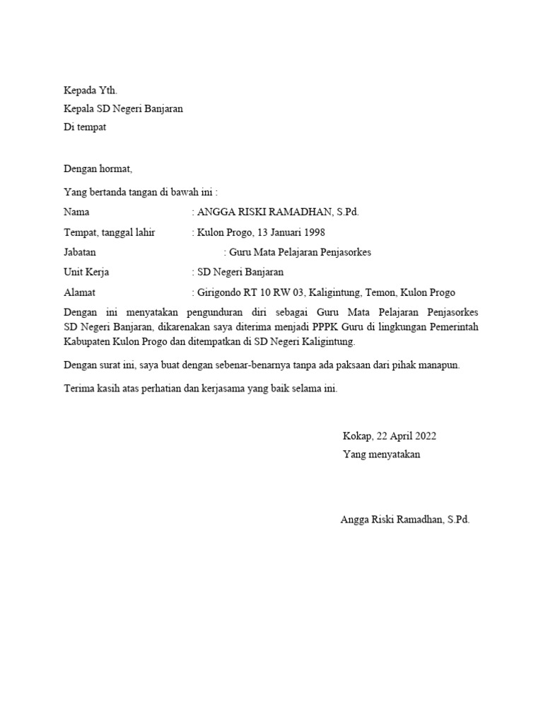 Surat Pengunduran Diri Angga Riski | PDF