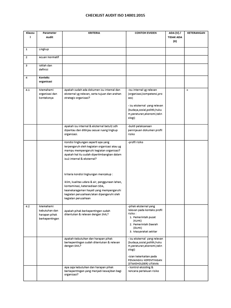 Checklist Audit ISO 14001 2015 | PDF