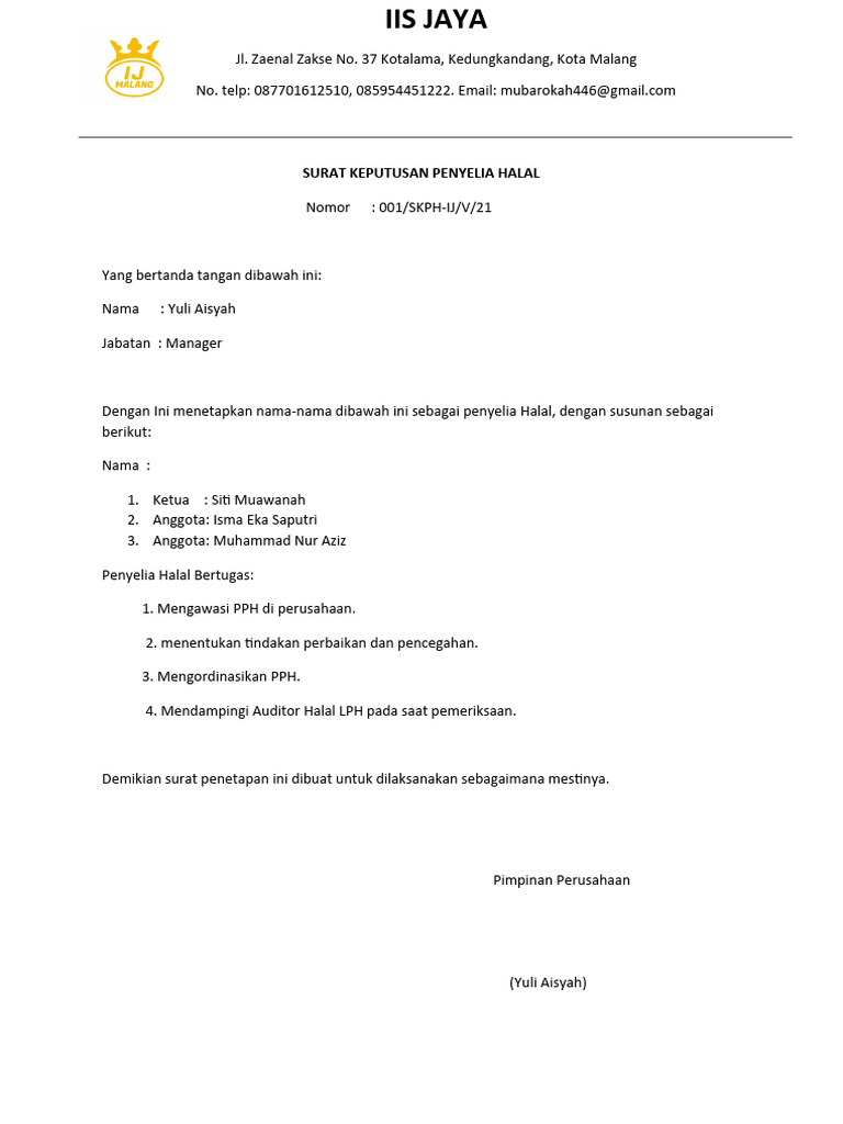 Penetapan Penyelia Halal IIS JAYA | PDF