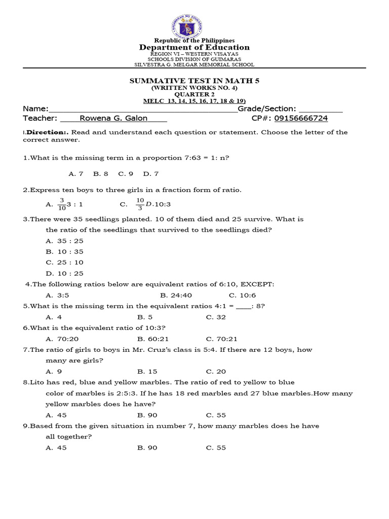Q2 Math5 Summative#4 | PDF | Ratio | Mathematics