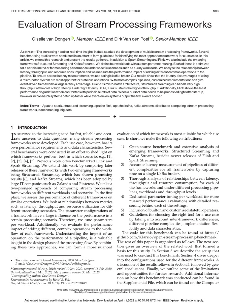 Evaluation of Stream Processing Frameworks | PDF