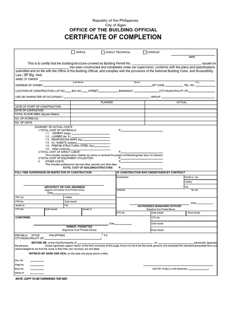 Certificate of Completion for Building | PDF