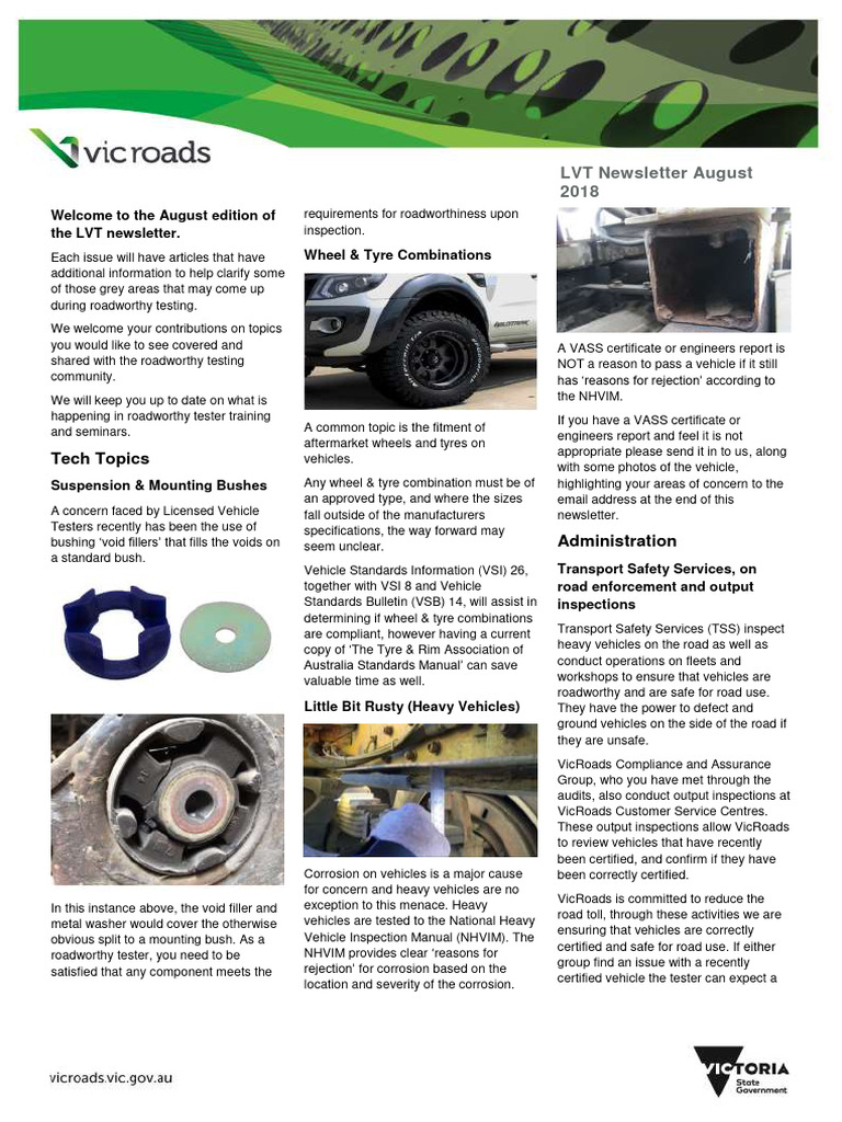 Roadworthy Testing Updates August 2018 | PDF