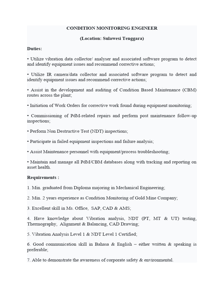 Condition Monitoring Engineer | PDF