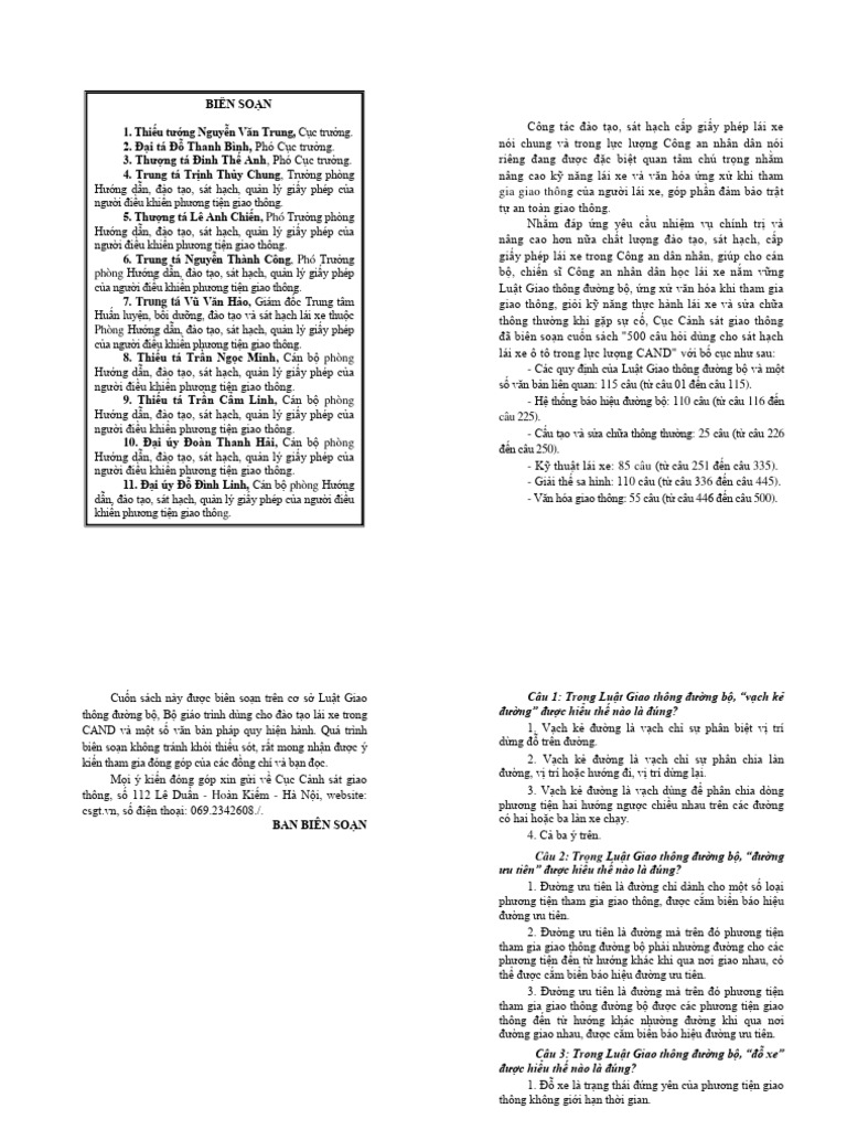 Bộ câu hỏi lý thuyết sát hạch lái xe ôtô trong CAND | PDF