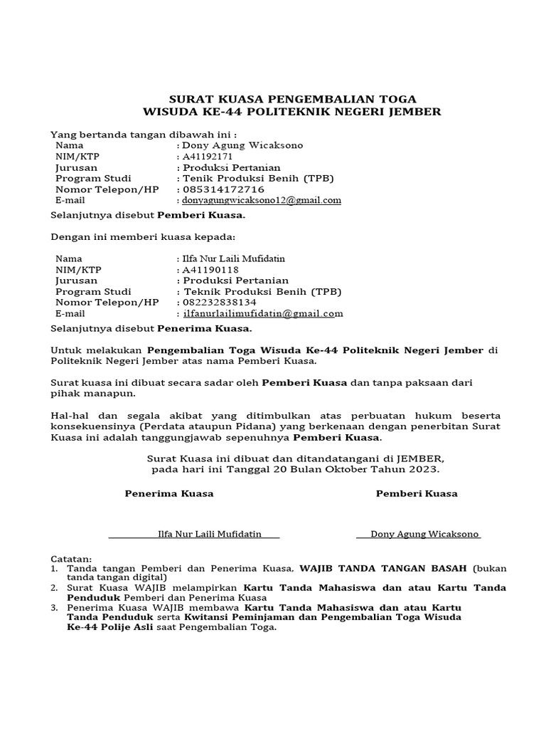 SURAT KUASA PENGEMBALIAN TOGA Dony Agung-1 | PDF