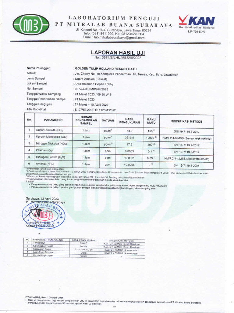Laporan Hasil Uji Udara Dan Sumber Emisi April | PDF