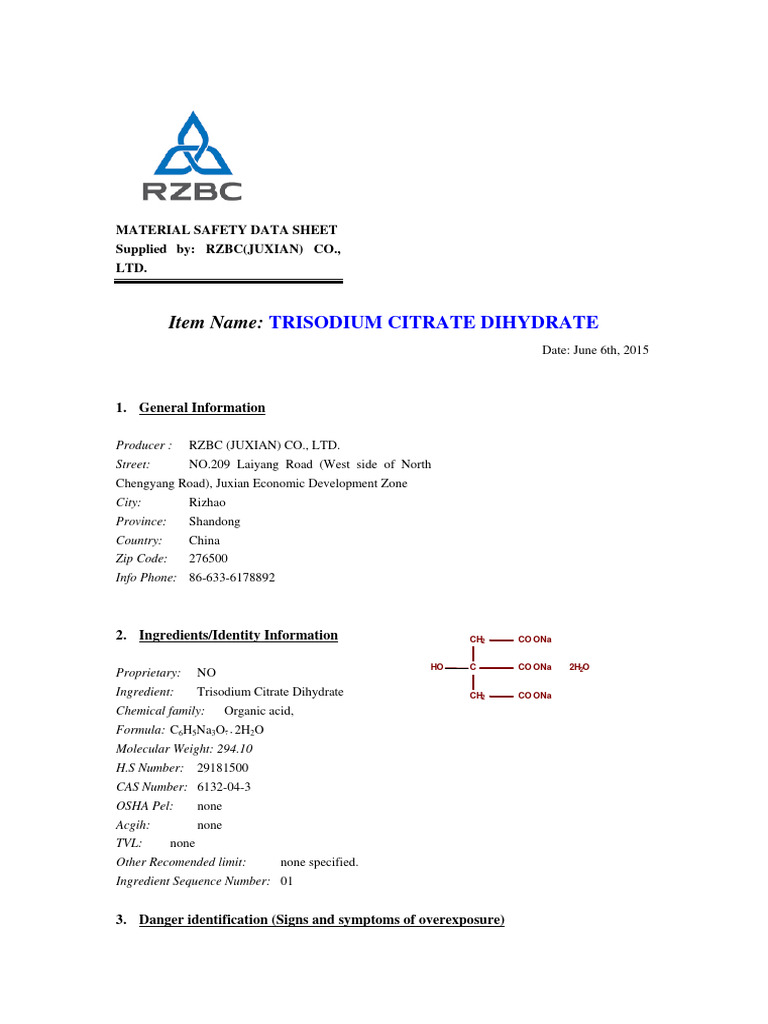 Trisodium Citrate Dihydrate Ex RZBC - MSDS (With Loggo) | PDF