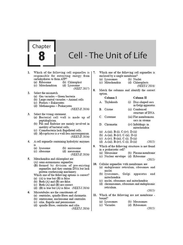 Cell The Unit of Life Previous Year Questions | PDF | Cell (Biology) | Endoplasmic Reticulum