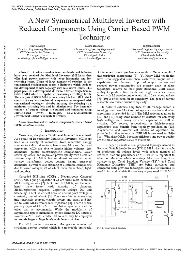 A New Symmetrical Multilevel Inverter With Reduced Components Using Carrier Based PWM Technique ...
