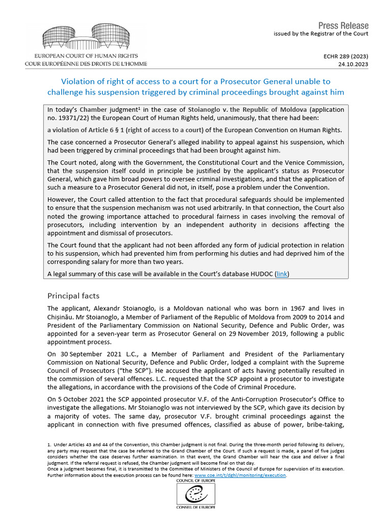 Judgment Stoianoglo v. Republic of Moldova - Prosecutor General's Challenge To His Suspension ...