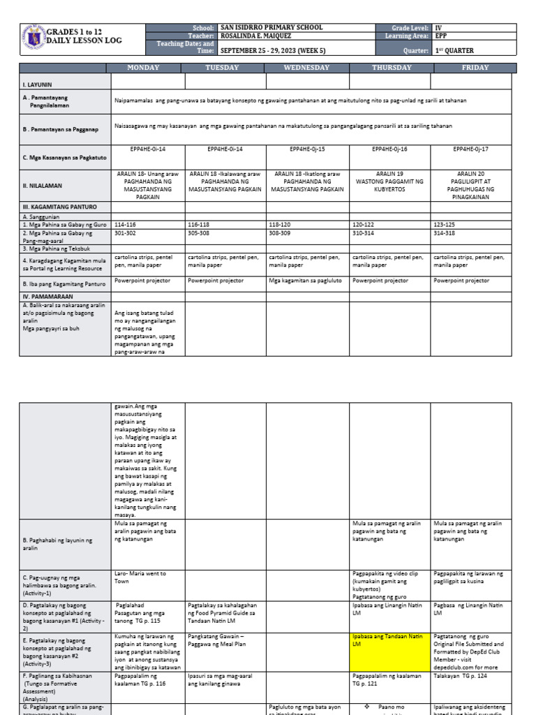 DLL - Epp 4 - Q1 - W5 | PDF