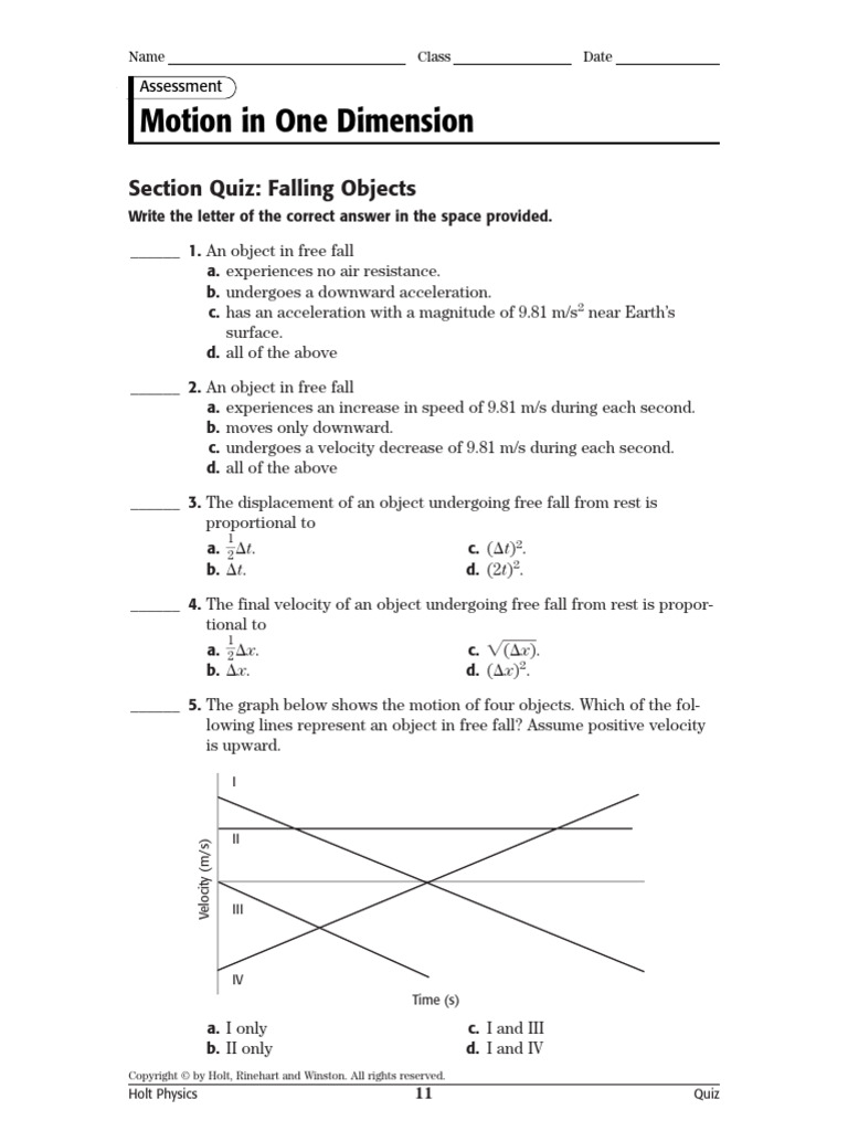 Motion in One Dimension: Section Quiz: Falling Objects | PDF