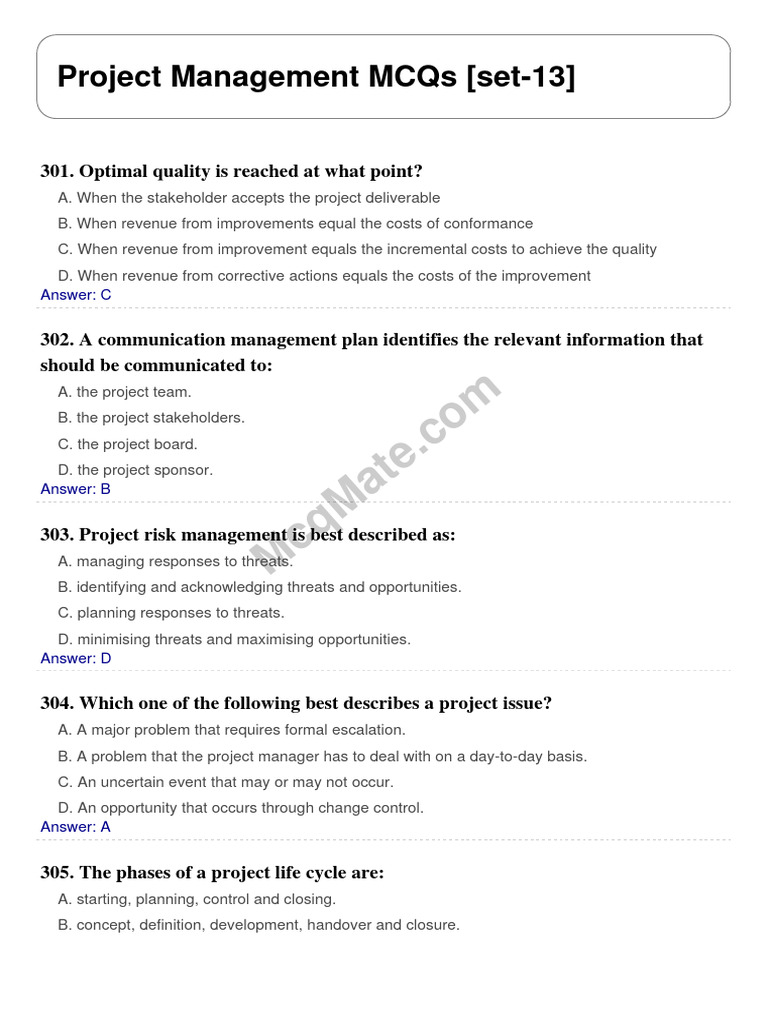 Project Management MCQs Set 13 | PDF