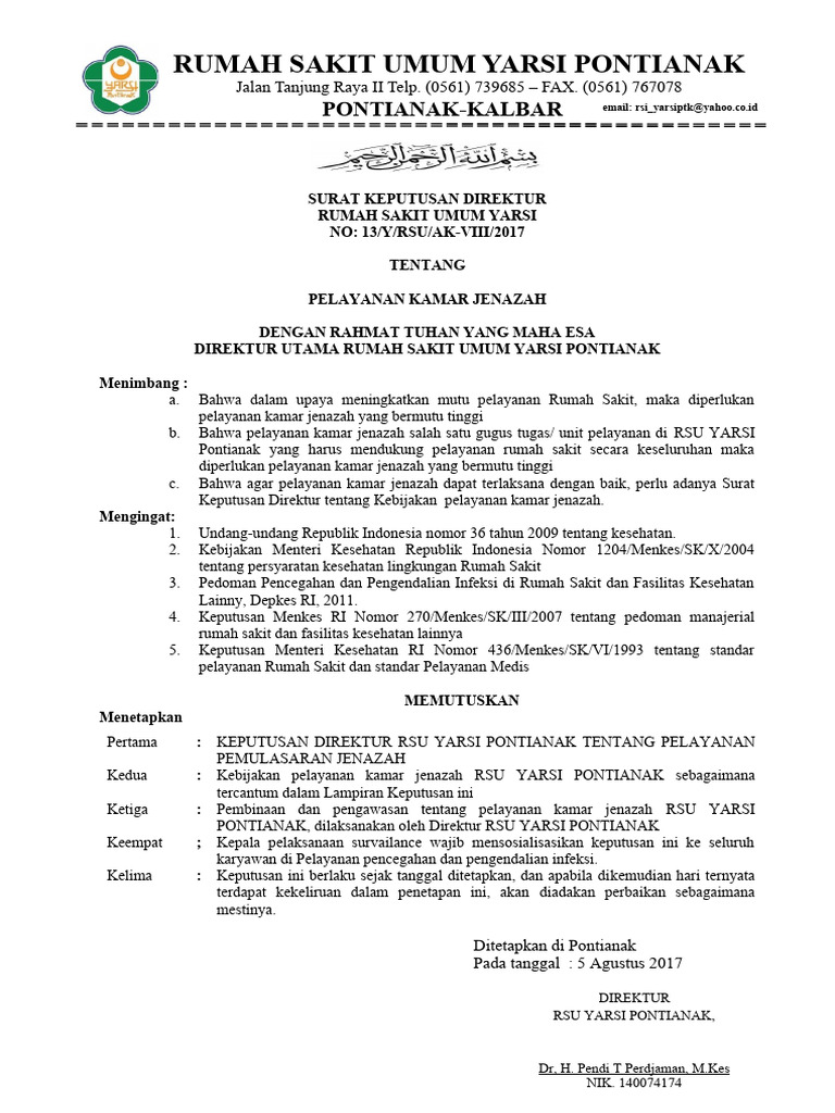 SK Dan Kebijakan Pelayanan Kamar Jenazah | PDF