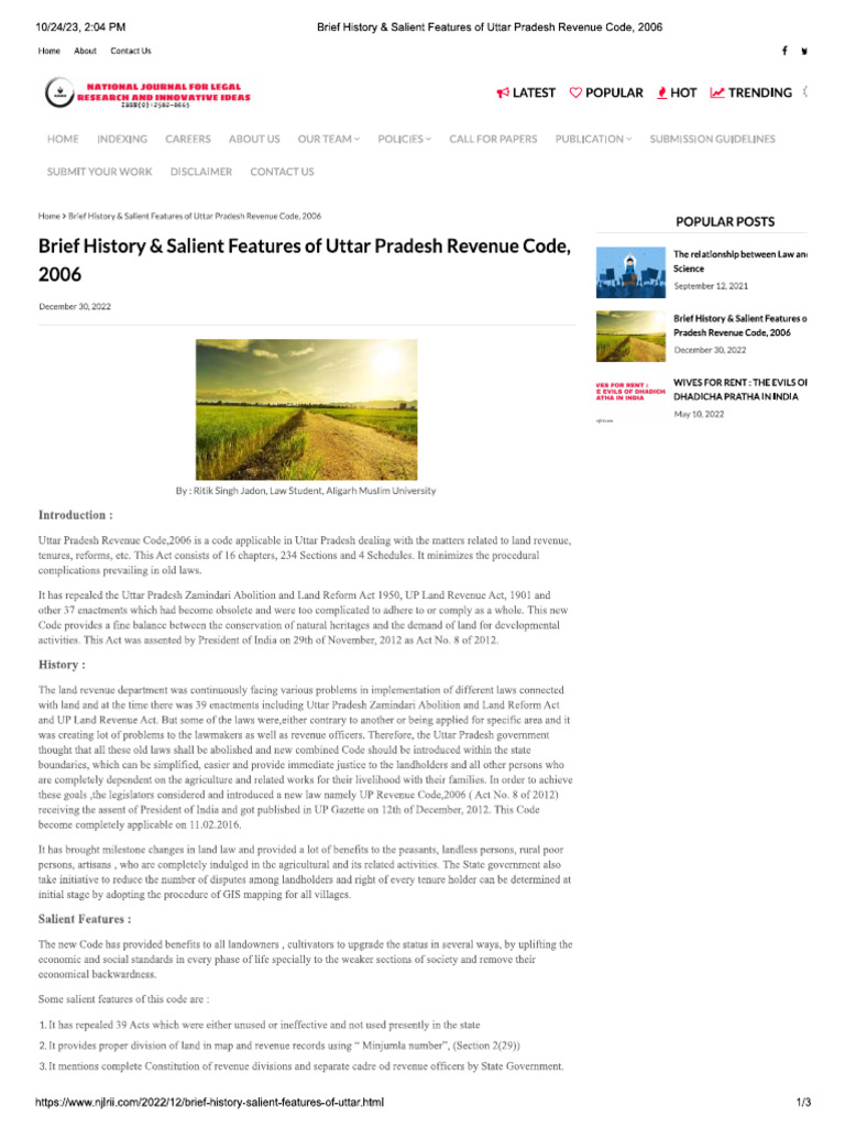 Brief History & Salient Features of Uttar Pradesh Revenue Code, 2006 | PDF