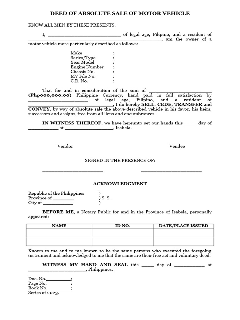 Absolute Sale of Motor Vehicle Template | PDF