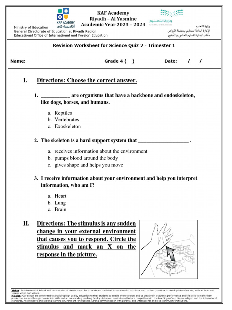 Revision Worksheet For Science Quiz 2 Grade 4 | PDF | Elephant | Senses