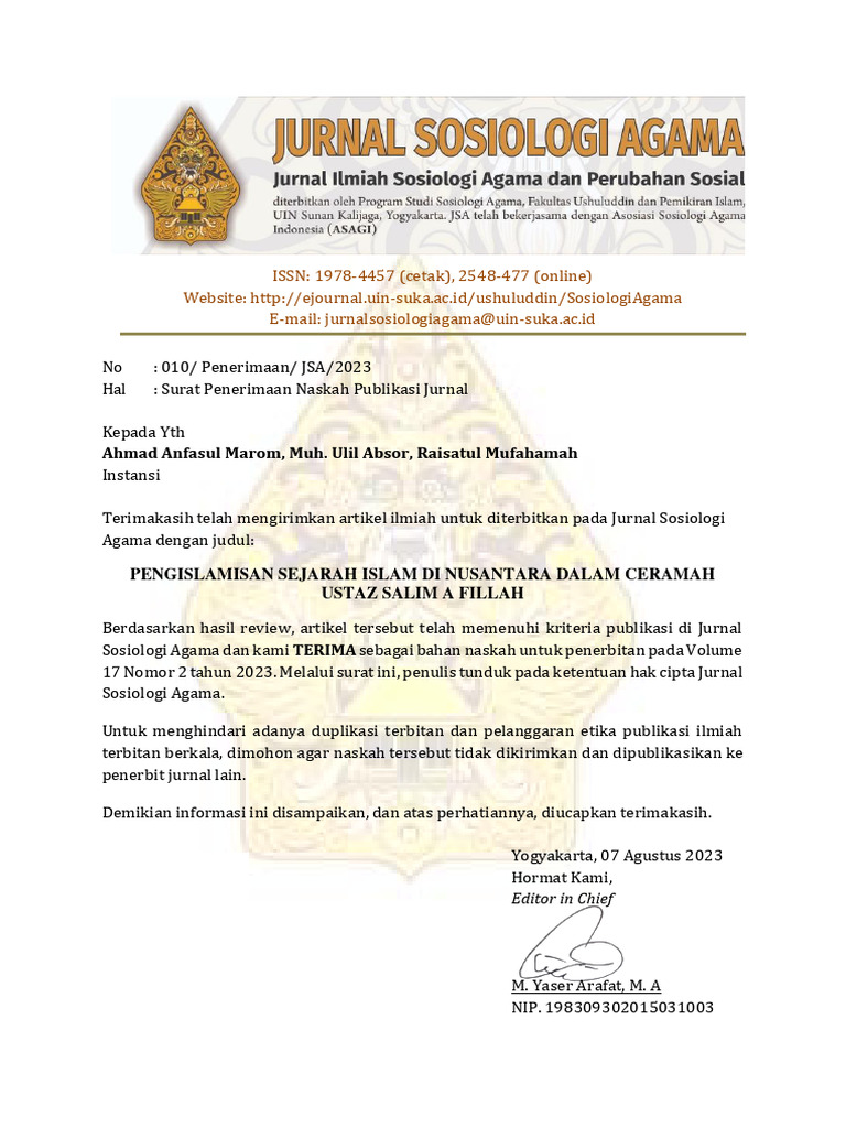 LOA Jurnal Sosiologi Agama | PDF