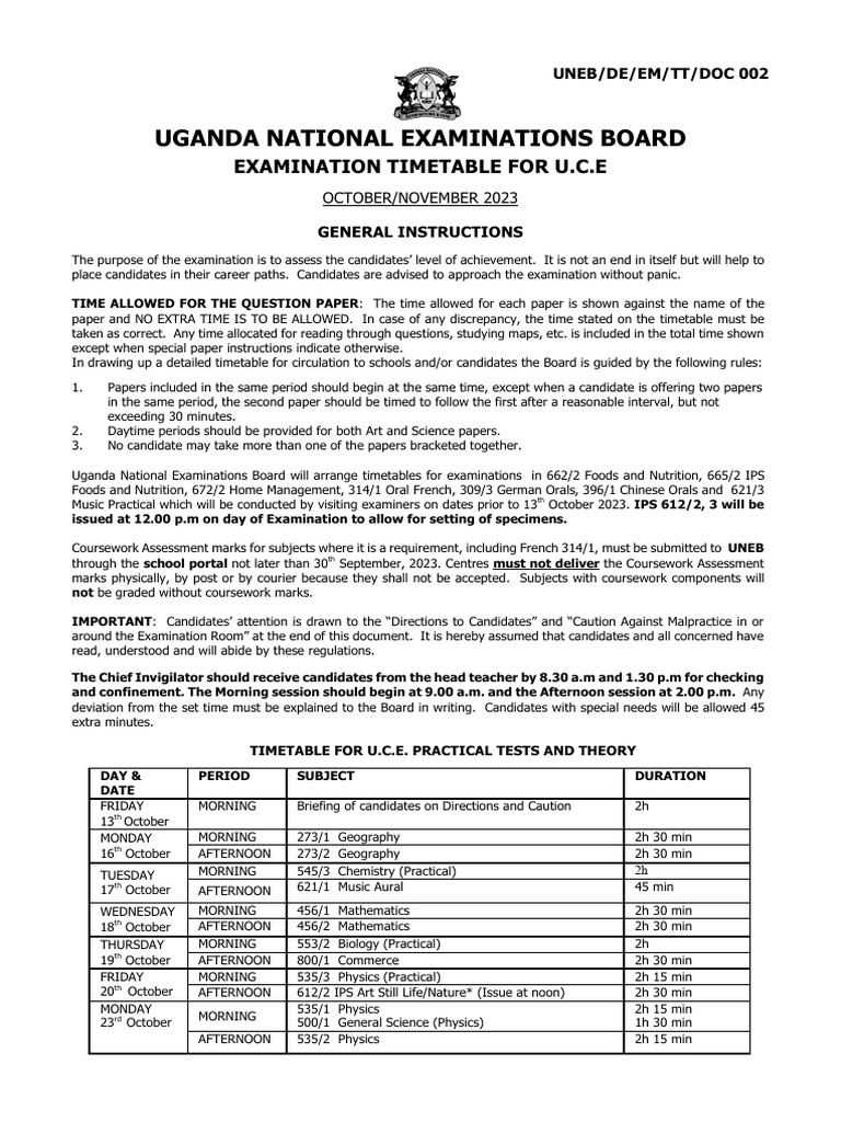 Uce 2023 Time Table | PDF