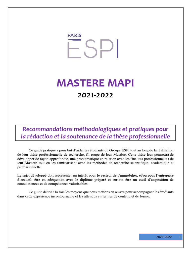 (Livret Methodologie) These Professionnelle - M2 Mapi 2021-2022 | PDF