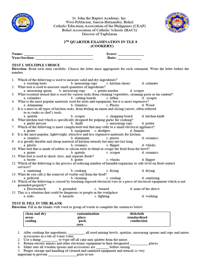 2nd Qurater Exam in Tle 8 (Cookery) | PDF