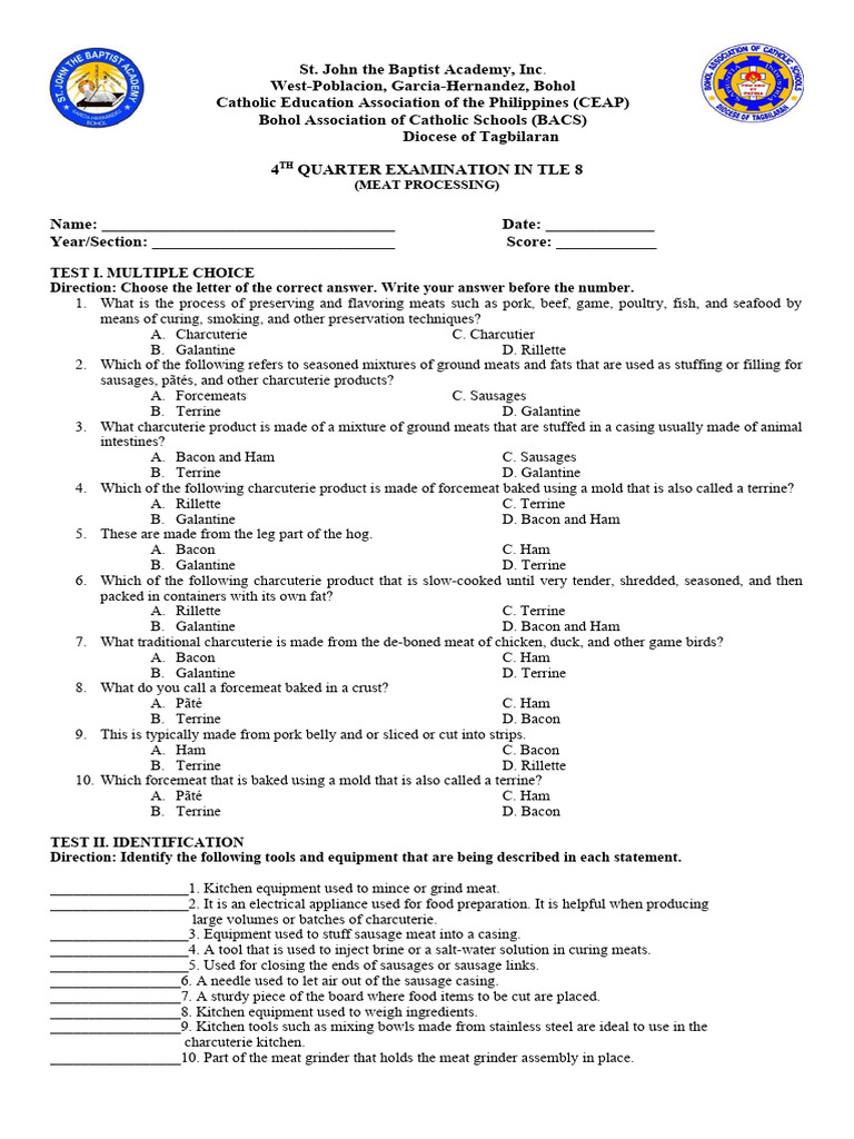 4th Quarter Exam in Tle 8 (Meat Processing) | PDF