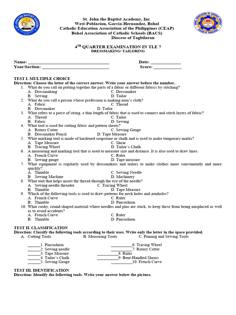 4th Quarter Exam in Tle 7 (Basic Sewing) | PDF | Sewing | Manufactured ...
