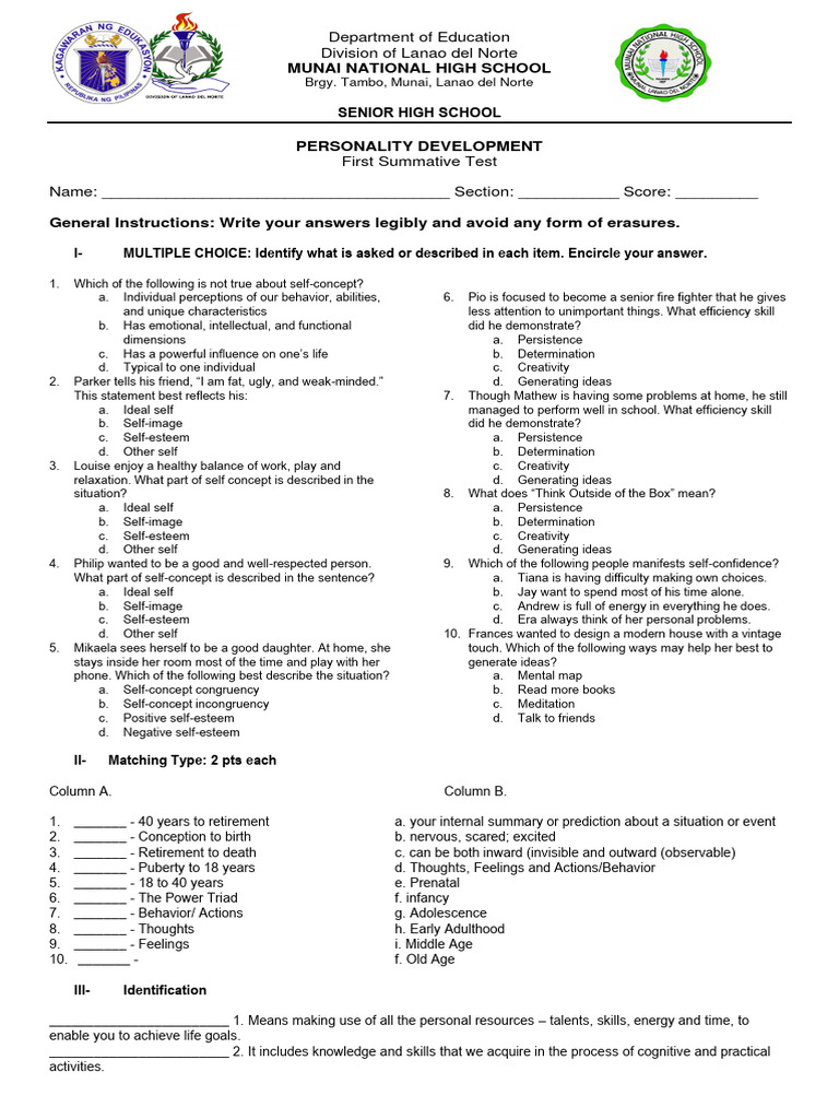 PERDEV SUMMATIVE (FIRST QUARTER) - Grade 12 (Titanium) 35 Students ...