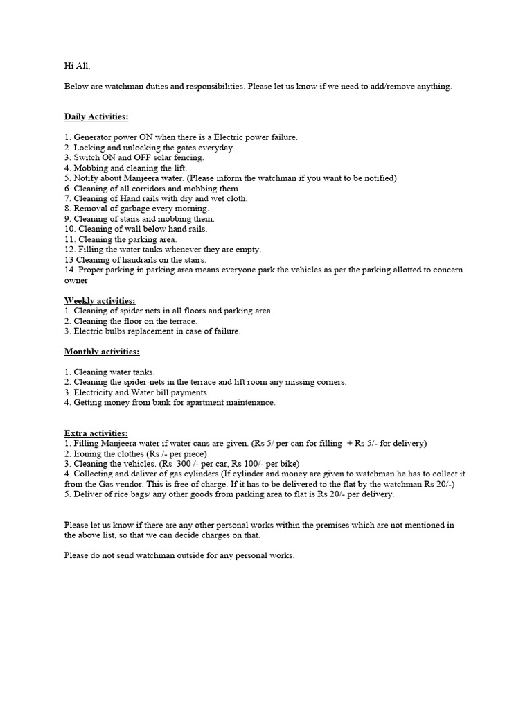 Watchmen Duties To Be Performed | PDF