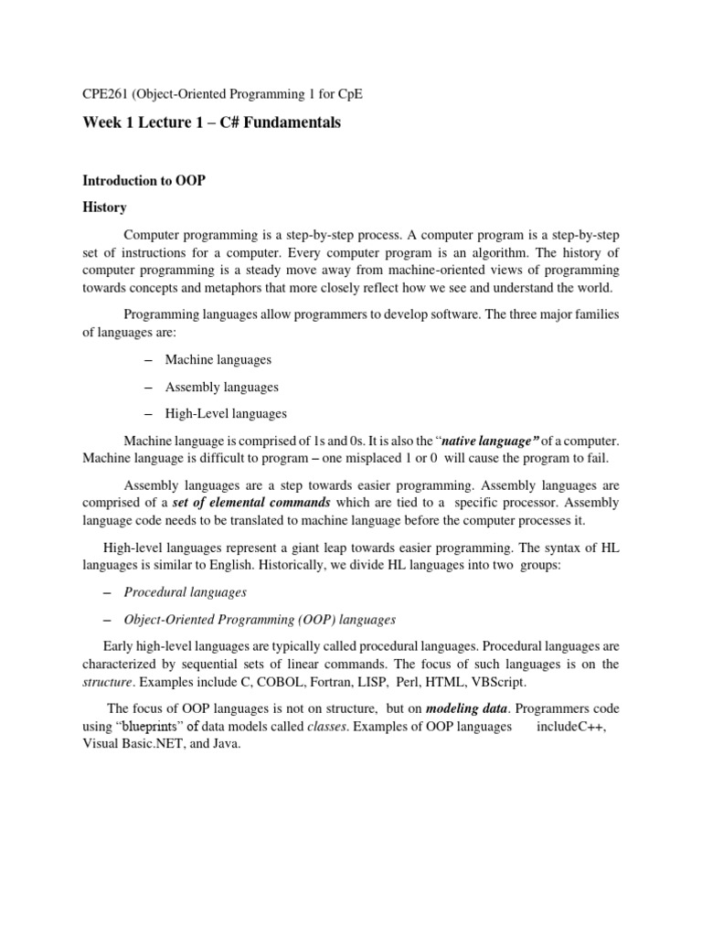 CPE261 (OOP1) Week1Lecture1 | PDF | Object Oriented Programming | Computer Programming