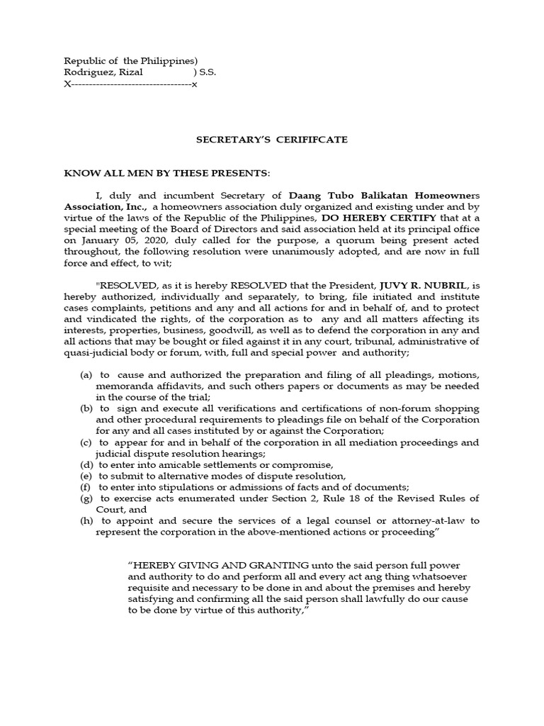 Secretary's Certificate for Homeowners Association | PDF