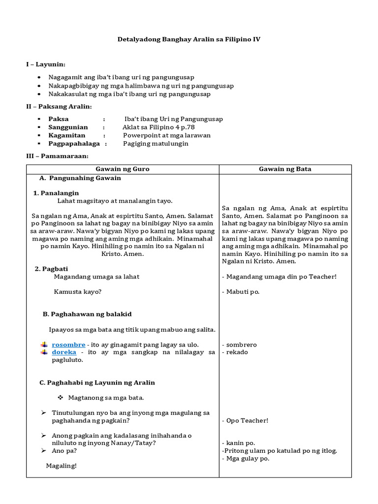 Detalyadong Banghay Aralin Sa Filipino IV | PDF