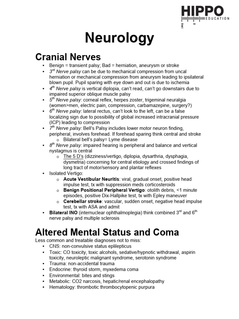 Hippo EM Foundations - Neurology Written Summary | PDF